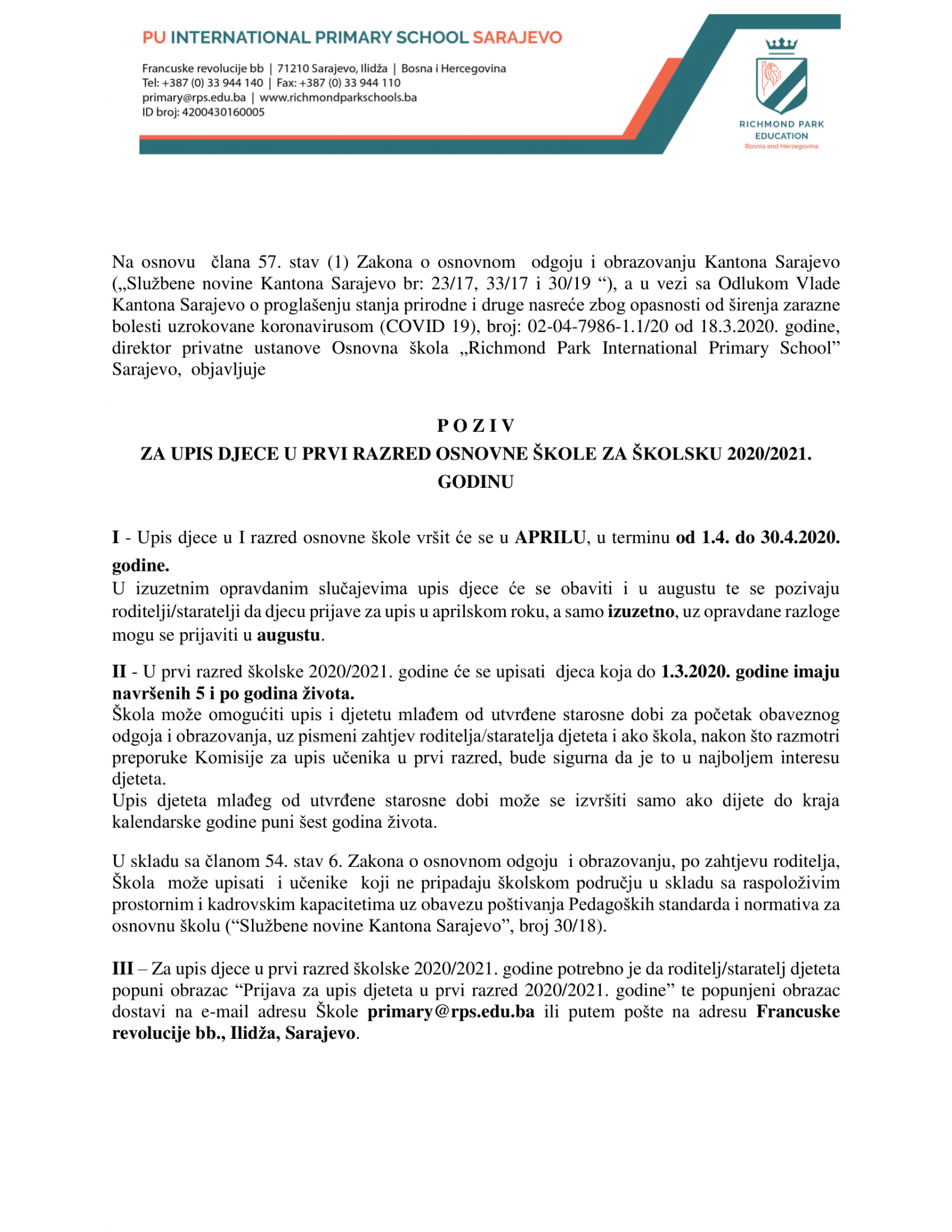 P O Z I V ZA UPIS DJECE U PRVI RAZRED OSNOVNE ŠKOLE ZA ŠKOLSKU 2020/21 ...